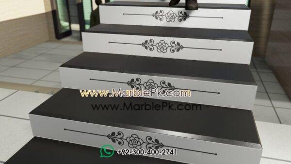 Jet Black Granite with Balck & white Carved CNC Floral Riser 1 stairs ...
