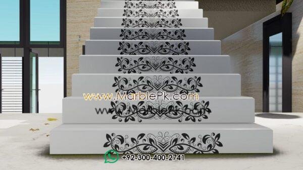 Jet black granite with Black & White Carved CNC Floral Riser 2 stairs ...